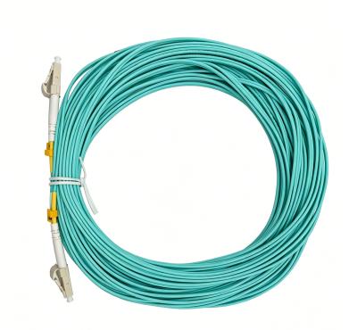 China Aqua Color 2.0mm PVC Duplex OM4 Multimode Fiber Patch Cord with Dual LC UPC Connectors, 15 Meters Length for sale