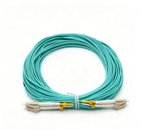 China Aqua Color 2.0mm PVC Duplex OM4 Multimode Fiber Patch Cord with Dual LC UPC Connectors, 15 Meters Length for sale