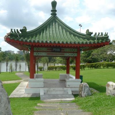 China Green Glazed Roof Tile Quadrilateral Gazebo Pavilion With Corridor For Cooling for sale