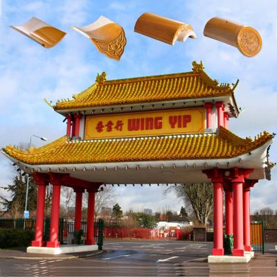 China 180*180 Chinese Temple Arch Gate Retro Style Faux Ceramic Clay Roof Tiles For Concrete Structure for sale