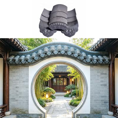 China Grey Antique Asian Roof Tile Set for Moon Gate Wall Crowns Carved Eaves Edge Tiles for Zen Garden Arches & Gateways for sale