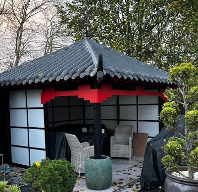 China Japanese & Chinese Style Outdoor Tea House Pavilion Cozy Courtyard Gazebo with Hip Roof Tile System & Upturned Eaves for sale