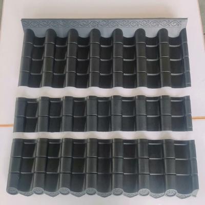 China Ornamental Dark Grey PP Asian Wave Roof Panels Antique Synthetic Chinese Barrel Tile Sheeting with Floral Eaves for sale
