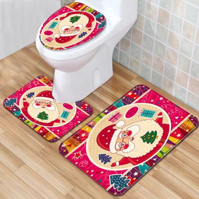 China Christmas Polyester Bathroom Rug Set 50x80cm Toilet Lid Cover Machine Washable for sale