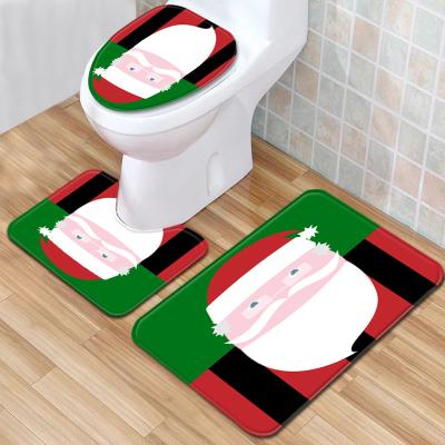 China Santa Christmas Toilet Seat Cushion Polyester 3 Piece Bath Rug Set 80x50cm for sale