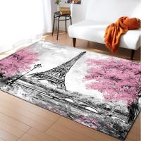 China Custom Retro Paris Tower Pink Flower Polyester Carpet 1.2x1.8m Machine Washable Floor Mat for sale