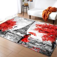China Custom Retro Paris Tower Pink Flower Polyester Carpet 1.2x1.8m Machine Washable Floor Mat for sale