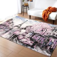 China Custom Retro Paris Tower Pink Flower Polyester Carpet 1.2x1.8m Machine Washable Floor Mat for sale