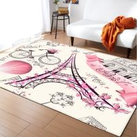 China Custom Retro Paris Tower Pink Flower Polyester Carpet 1.2x1.8m Machine Washable Floor Mat for sale