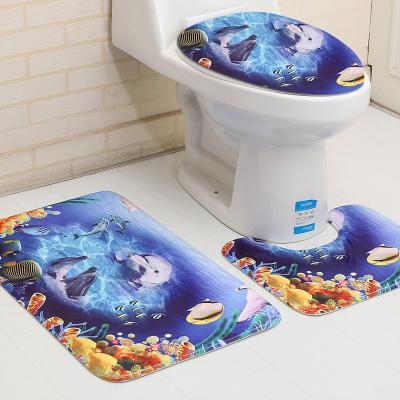 China 3D Dolphin Printed Three Piece Bathroom Mat Set 45x75cm 50x80cm Polyester for sale