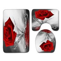 China Rose Pattern Toilet Mat Set 100% Polyester Fiber 45x75cm Toilet Lid Cover Set for sale