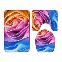 China Rose Pattern Toilet Mat Set 100% Polyester Fiber 45x75cm Toilet Lid Cover Set for sale