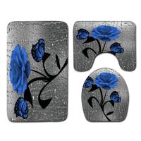 China Rose Pattern Toilet Mat Set 100% Polyester Fiber 45x75cm Toilet Lid Cover Set for sale
