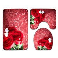 China Rose Pattern Toilet Mat Set 100% Polyester Fiber 45x75cm Toilet Lid Cover Set for sale