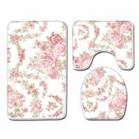 China Rose Pattern Toilet Mat Set 100% Polyester Fiber 45x75cm Toilet Lid Cover Set for sale