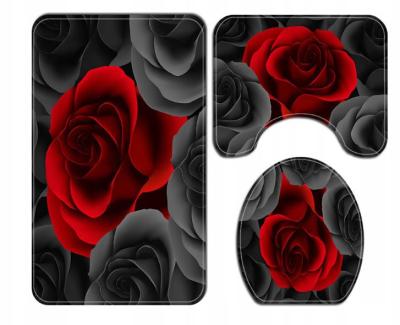 China Rose Pattern Toilet Mat Set 100% Polyester Fiber 45x75cm Toilet Lid Cover Set for sale