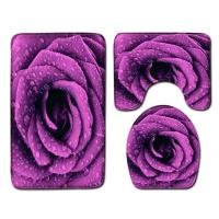 China Rose Pattern Toilet Mat Set 100% Polyester Fiber 45x75cm Toilet Lid Cover Set for sale