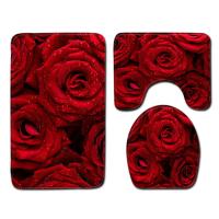 China Rose Pattern Toilet Mat Set 100% Polyester Fiber 45x75cm Toilet Lid Cover Set for sale