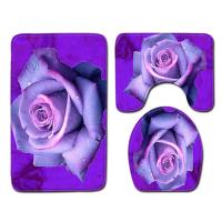 China Rose Pattern Toilet Mat Set 100% Polyester Fiber 45x75cm Toilet Lid Cover Set for sale