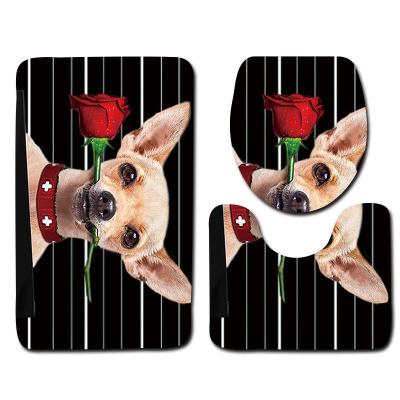 China Washable Polyester Animal Bathroom Mat 3 Piece Set U Shaped Toilet Rug 45x75cm for sale