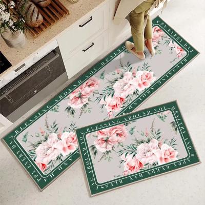 China Custom Crystal Velvet Kitchen Floor Mat Non Slip 40x60cm Rectangle Plant Flower Print for sale