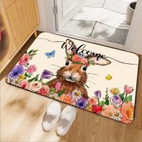 China Polyester Fiber Cartoon Rabbit Flower Door Mat 40x60cm Machine Washable Rug for Kids Playroom for sale