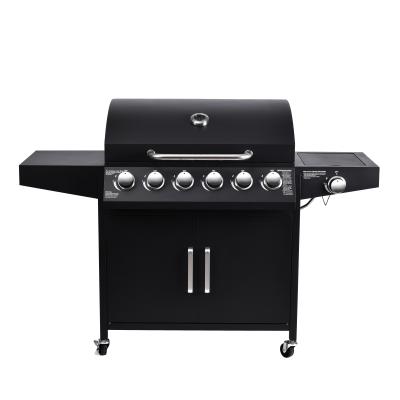 China Trolley and Side Burner Included Black 6 Burner 70000Btu Outdoor Gas Smoker BBQ Grill for sale