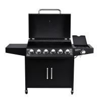 China Trolley and Side Burner Included Black 6 Burner 70000Btu Outdoor Gas Smoker BBQ Grill for sale