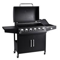 China Trolley and Side Burner Included Black 6 Burner 70000Btu Outdoor Gas Smoker BBQ Grill for sale