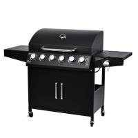 China Trolley and Side Burner Included Black 6 Burner 70000Btu Outdoor Gas Smoker BBQ Grill for sale