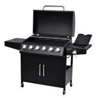 China Trolley and Side Burner Included Black 6 Burner 70000Btu Outdoor Gas Smoker BBQ Grill for sale