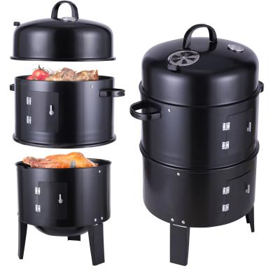China Thermometer Equipped 3-in-1 Vertical Steel Charcoal Smoker for Home Party Celebration for sale