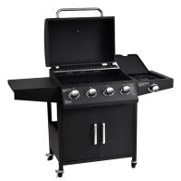 China 5 Burners Gas Grill Commercial Outdoor BBQ Machine with Trolley and Warming Grid for sale