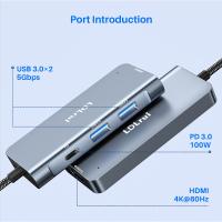 China Portable USB C Multiport Hub Compact 4 In 1 USB C Hub 4K HDMI 100W PD Charging 2 USB C 5Gbps Data Ports for sale