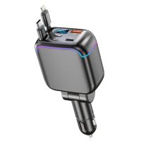 China Retractable  Fast Car Charger LED 12V-24V With Dual Built-in Cables Type C & Lightning Dual Ports USB C & USB A 100W For Car Truck Factory for sale