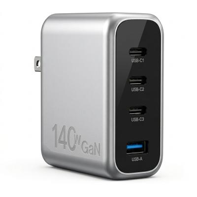 China Silver 140W GaN Wall Charger 4-Port (3 USB-C + 1 USB-A) Power Delivery Fast Adapter, Compact Foldable Plug Charging Station For MacBook, Laptops & Phones for sale