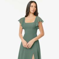 China New Arrived Summer Flowy Ruffled Chiffon Long Evening Dress Cap Sleeve Square Neck Ruched for sale