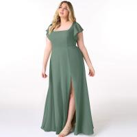China New Arrived Summer Flowy Ruffled Chiffon Long Evening Dress Cap Sleeve Square Neck Ruched for sale