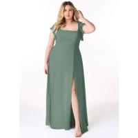 China New Arrived Summer Flowy Ruffled Chiffon Long Evening Dress Cap Sleeve Square Neck Ruched for sale