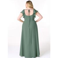 China New Arrived Summer Flowy Ruffled Chiffon Long Evening Dress Cap Sleeve Square Neck Ruched for sale