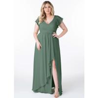 China Hot Sale Factory Custom-made Chiffon Long Evening Dress A-Line Princess V-Neck Ruched V back Cap Sleeve for sale