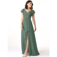 China Hot Sale Factory Custom-made Chiffon Long Evening Dress A-Line Princess V-Neck Ruched V back Cap Sleeve for sale
