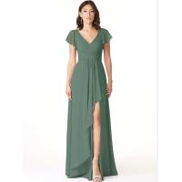 China Hot Sale Factory Custom-made Chiffon Long Evening Dress A-Line Princess V-Neck Ruched V back Cap Sleeve for sale