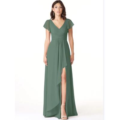 China Hot Sale Factory Custom-made Chiffon Long Evening Dress A-Line Princess V-Neck Ruched V back Cap Sleeve for sale
