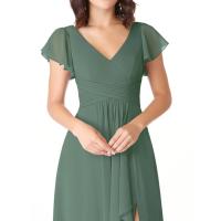 China Hot Sale Factory Custom-made Chiffon Long Evening Dress A-Line Princess V-Neck Ruched V back Cap Sleeve for sale