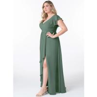 China Hot Sale Factory Custom-made Chiffon Long Evening Dress A-Line Princess V-Neck Ruched V back Cap Sleeve for sale