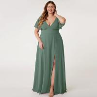 China Beautiful Fashionable Flounce Short Sleeve V-Neck Chiffon Long Evening Dress Plus Size Front Split Slit Ruched A-Line for sale