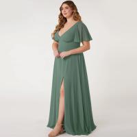 China Beautiful Fashionable Flounce Short Sleeve V-Neck Chiffon Long Evening Dress Plus Size Front Split Slit Ruched A-Line for sale