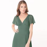 China Beautiful Fashionable Flounce Short Sleeve V-Neck Chiffon Long Evening Dress Plus Size Front Split Slit Ruched A-Line for sale