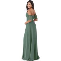 China New Arrival Factory Off-the-Shoulder Chiffon Long Bridesmaid Dress Floor-Length A-Line Front Split Slit Short Sleeves for sale